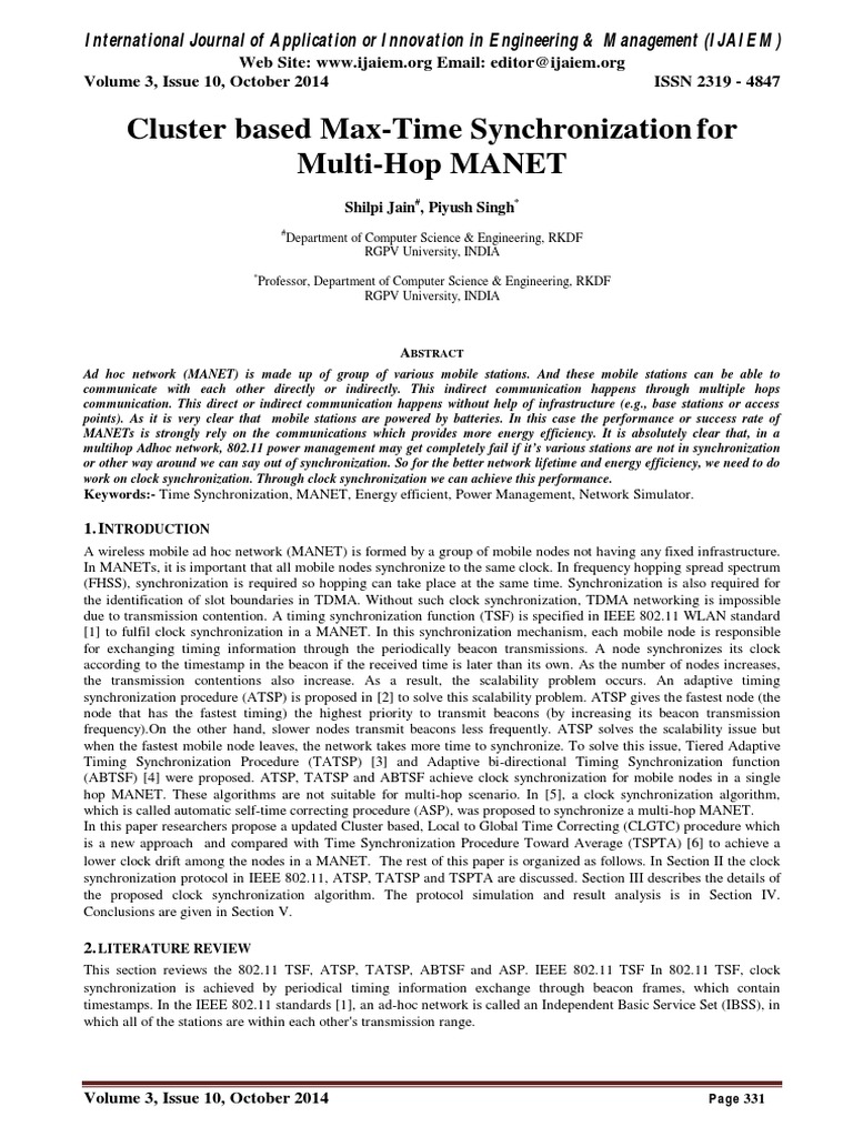 Cluster Based Max-Time Synchronization For Multi-Hop MANET | Download Free PDF | Wireless Ad Hoc ...