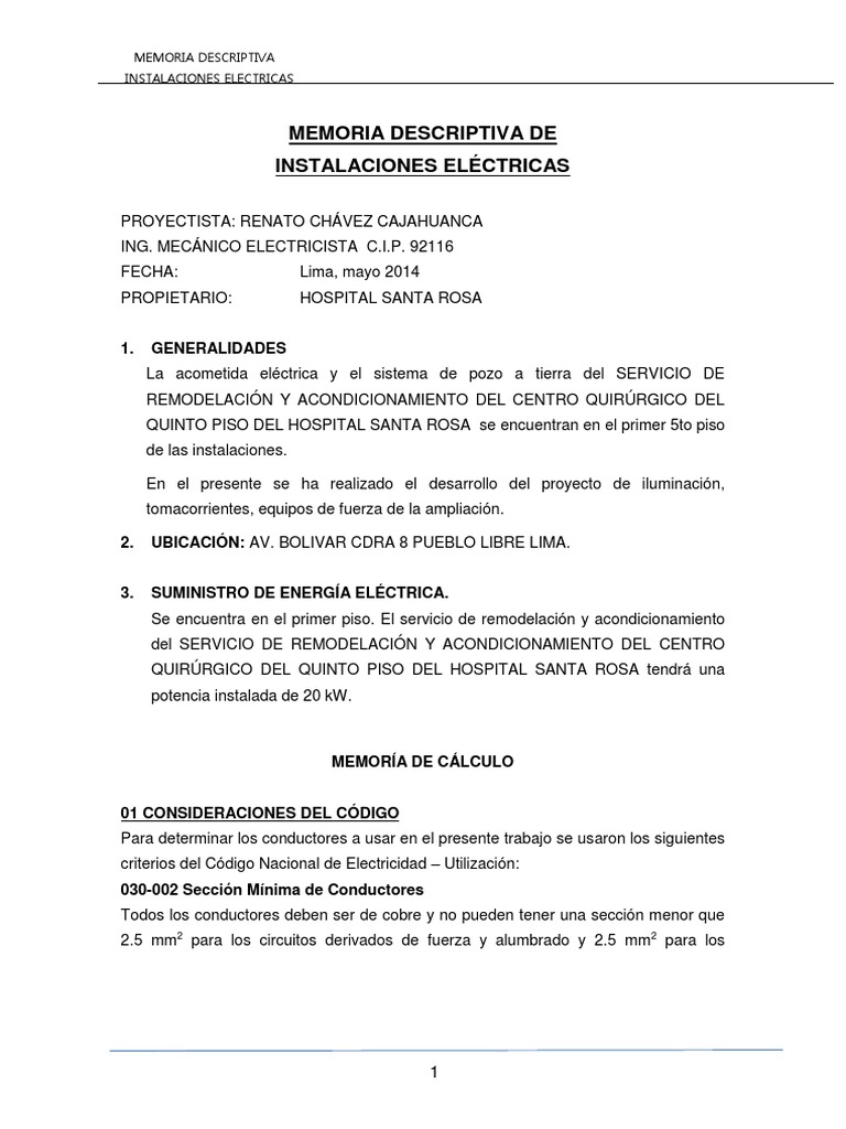 Memoria Descriptiva Instalaciones Electricas | Descargar gratis PDF | Corriente eléctrica | Tornillo
