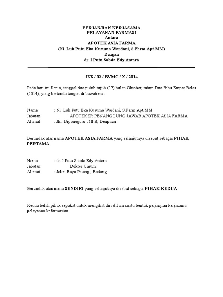 Contoh Mou Kerjasama Klinik Dengan Apotek – Beinyu.com
