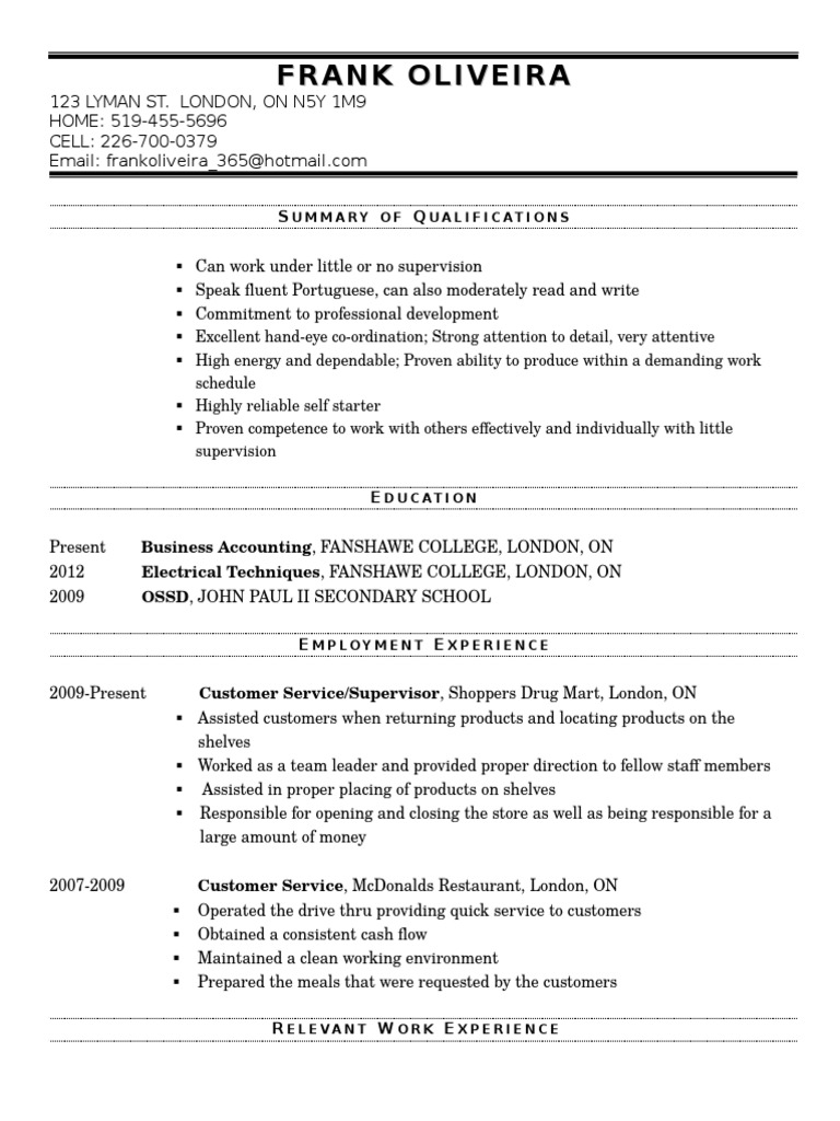 Resume of Frank Oliveira for Shoppers Drug Mart | PDF