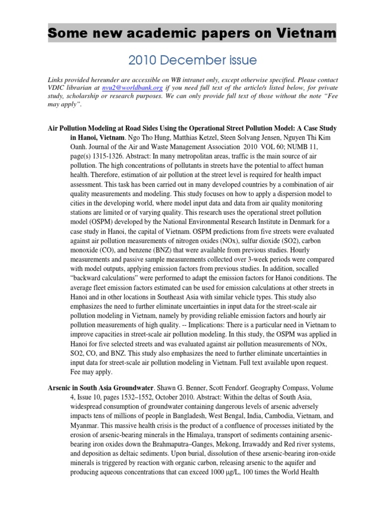 New Academic Papers On Vietnam 2010 | PDF | Air Pollution | Economic Growth