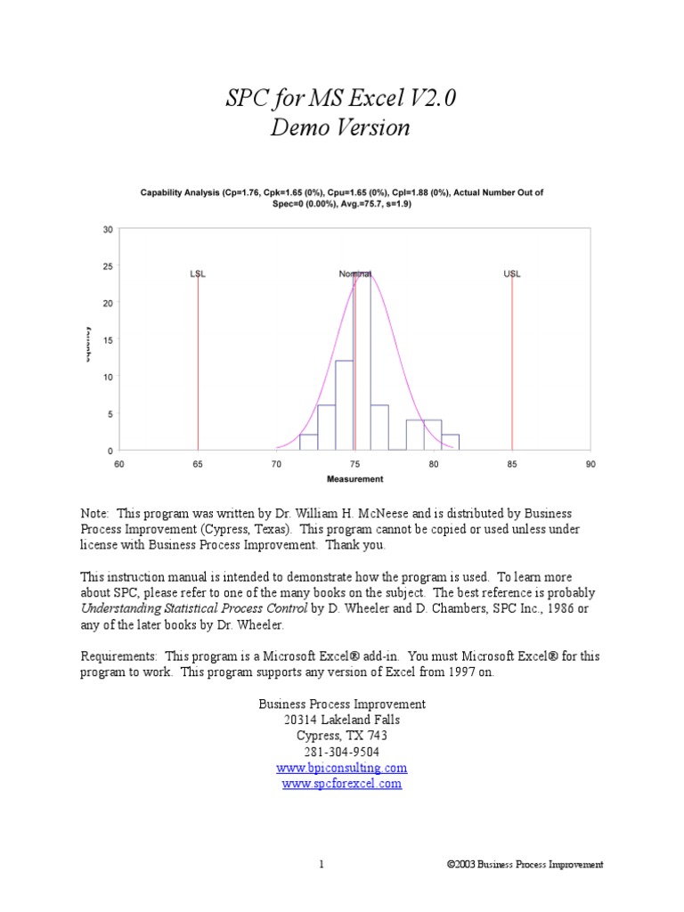 SPC for MS Excel V2.0 Demo Instructions | Microsoft Excel | Chart ...