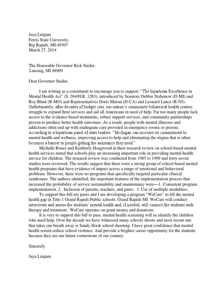 Advocacy Letter | PDF | Mental Health | Health Care