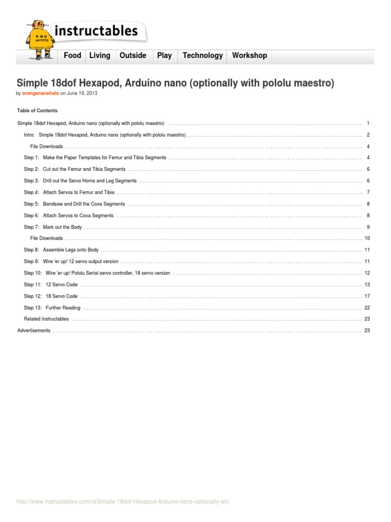 Instructables Simple 18dof Hexapod Arduino Nano Optionally Wit | PDF ...
