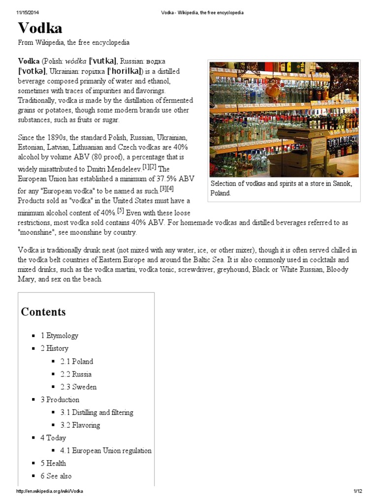 Vodka - Wikipedia, The Free Encyclopedia | PDF | Vodka | Distillation