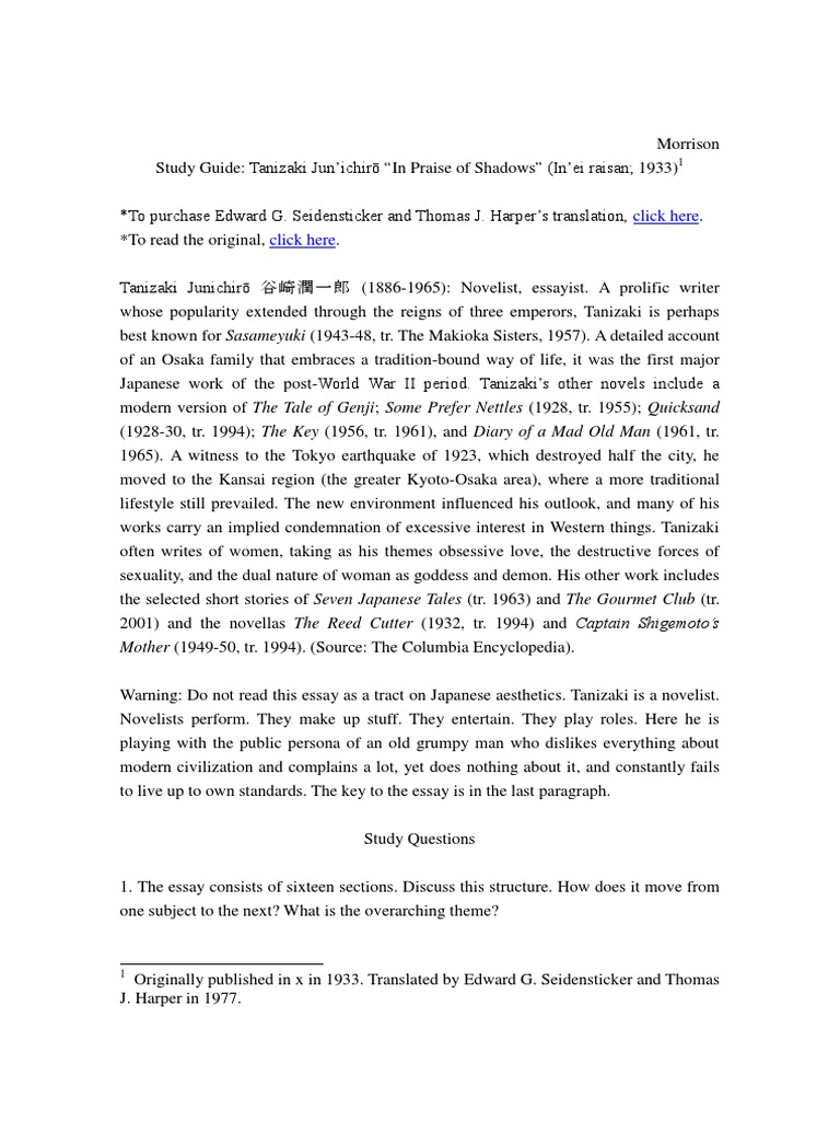 Study Guide Tanizaki in Praise of Shadows | PDF | Arts (General)