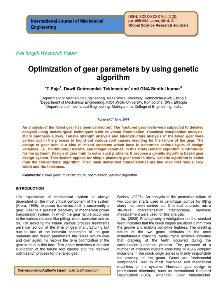 Optimization Of Gear Parameters By Using Genetic Algorithm Pdf Gear