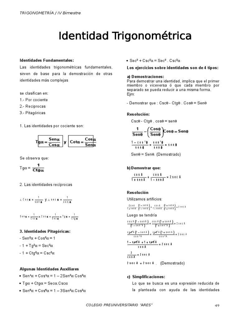 Identidad Trigonometrica | PDF | Matemática Elemental | Enseñanza de ...