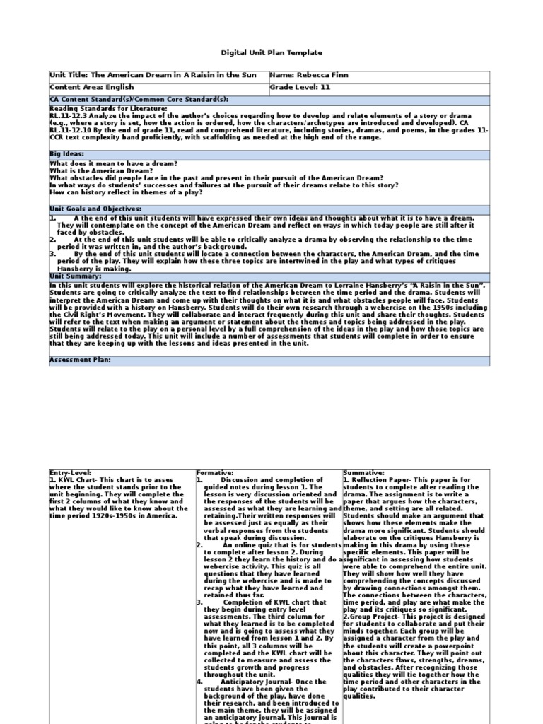 Digital Unit Plan Template Unit Title: The American Dream in A Raisin ...