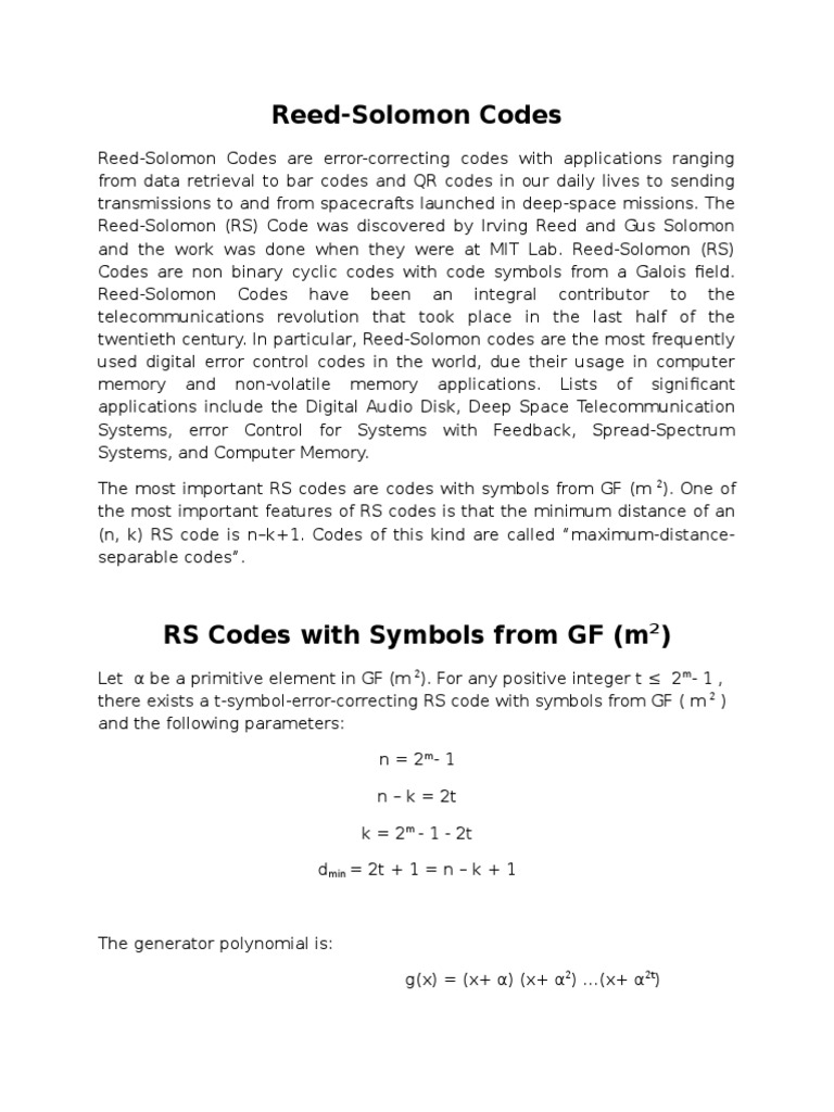 Reed Solomon Codes | PDF | Error Detection And Correction | Fault Tolerance