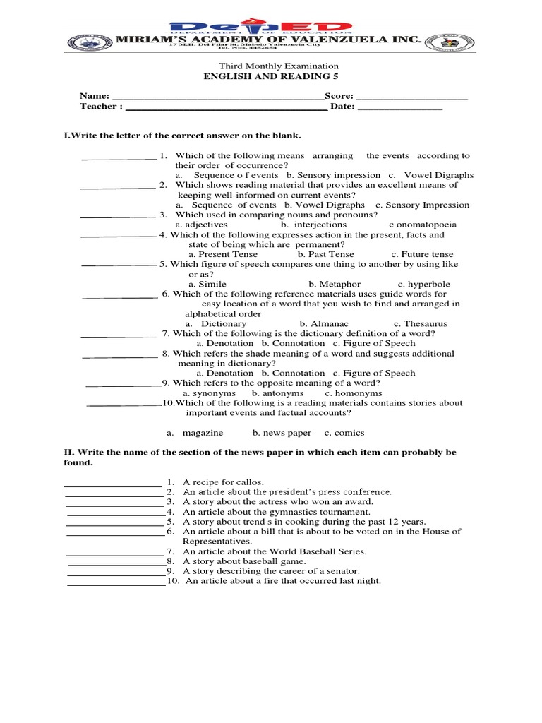 3rd Monthly Test English and Reading 5 Elaine | PDF | English Language ...