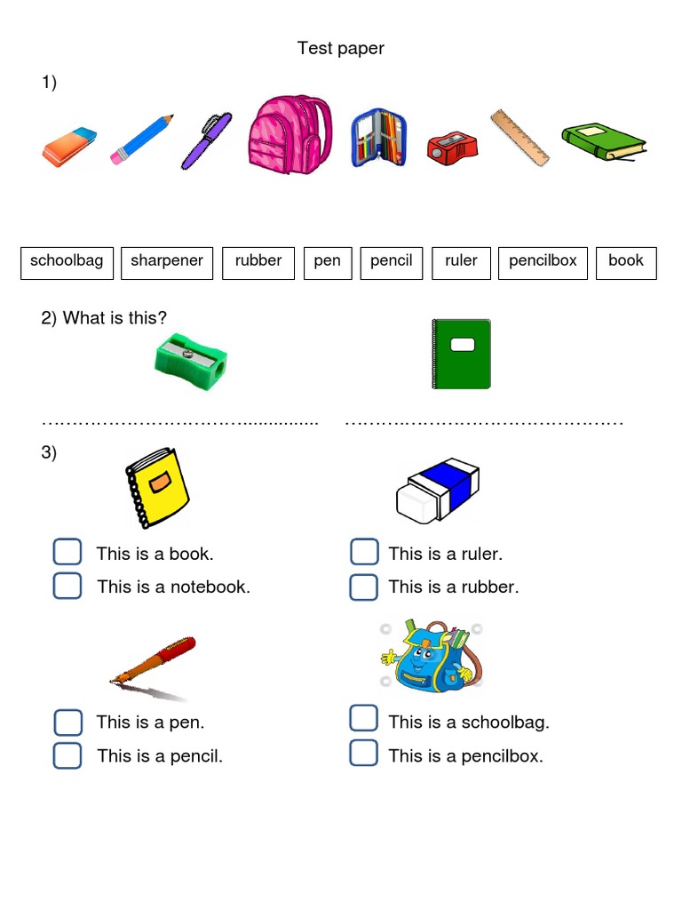 Test Paper 1) : Schoolbag Sharpener Rubber Pen Pencil Ruler Pencilbox ...