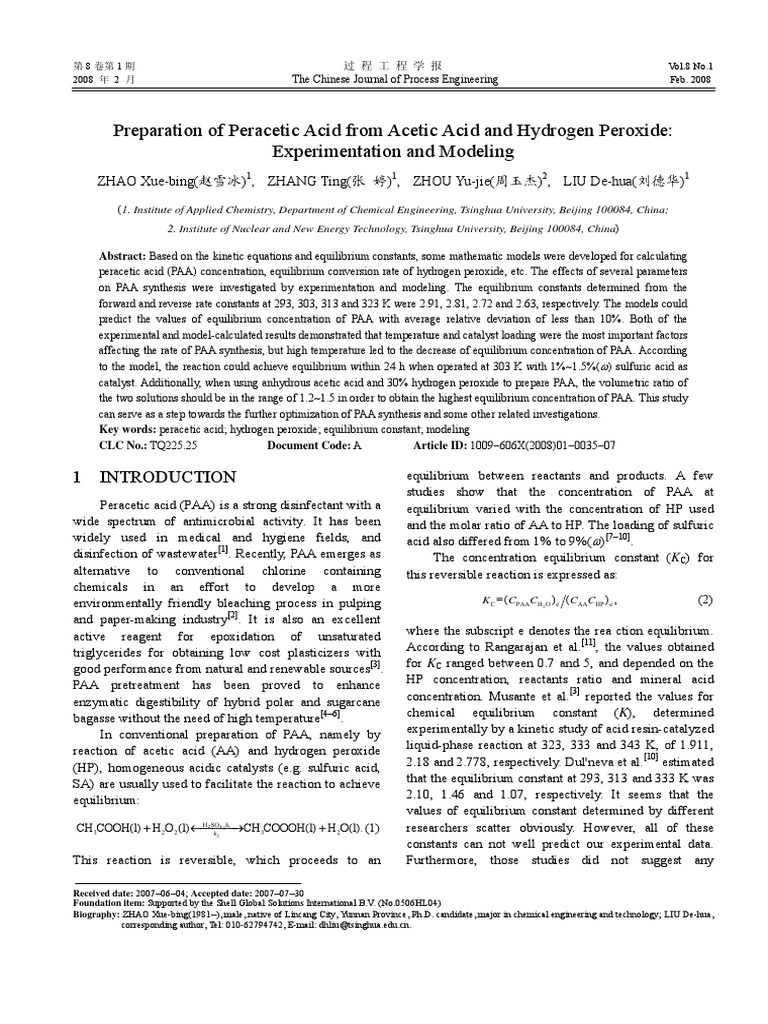 Preparation of Peracetic Acid From Acetic Acid and Hydrogen Peroxide ...