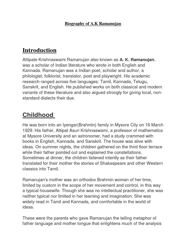 Biography of A.k. ramanujan | Poetry | Languages