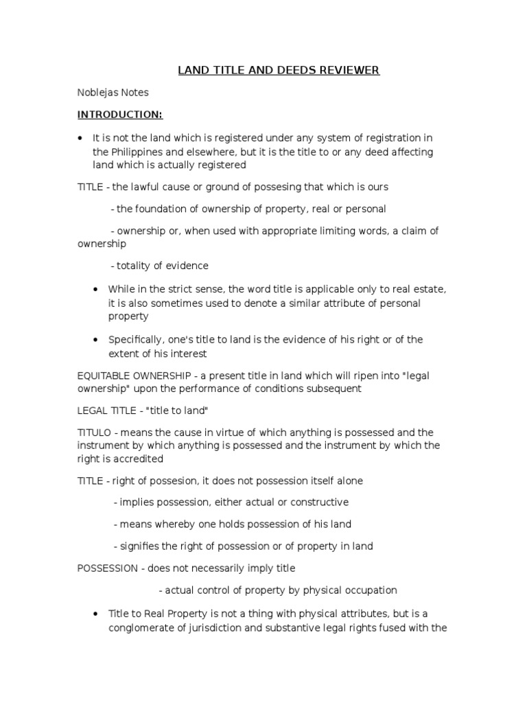 Land Title and Deeds Reviewer | PDF | Title (Property) | Real Property