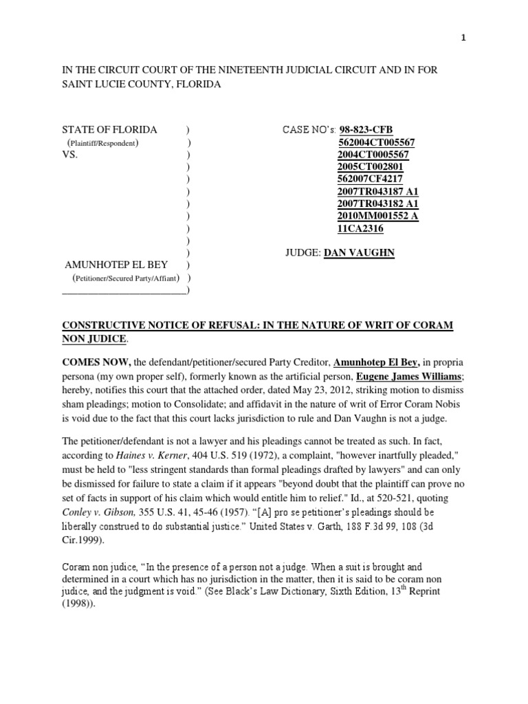 Constructive Notice For Refussal in The Nature of Writ of Coram Non ...