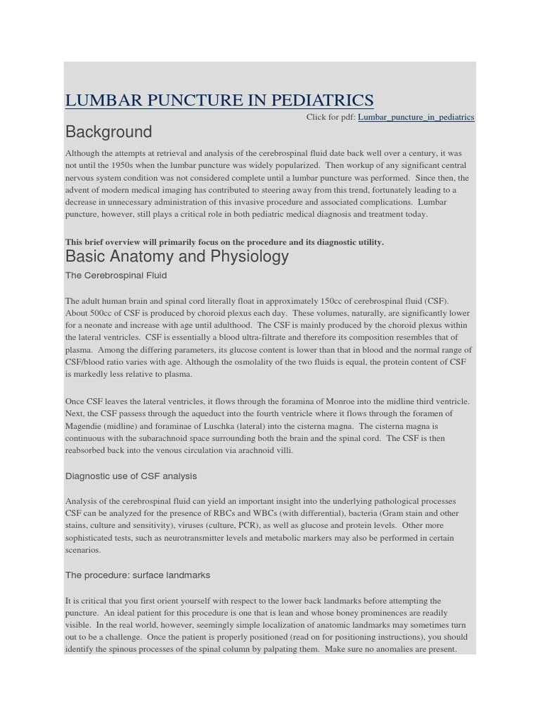 Pediatric Lumbar Puncture Guide | PDF | Cerebrospinal Fluid | Neurology