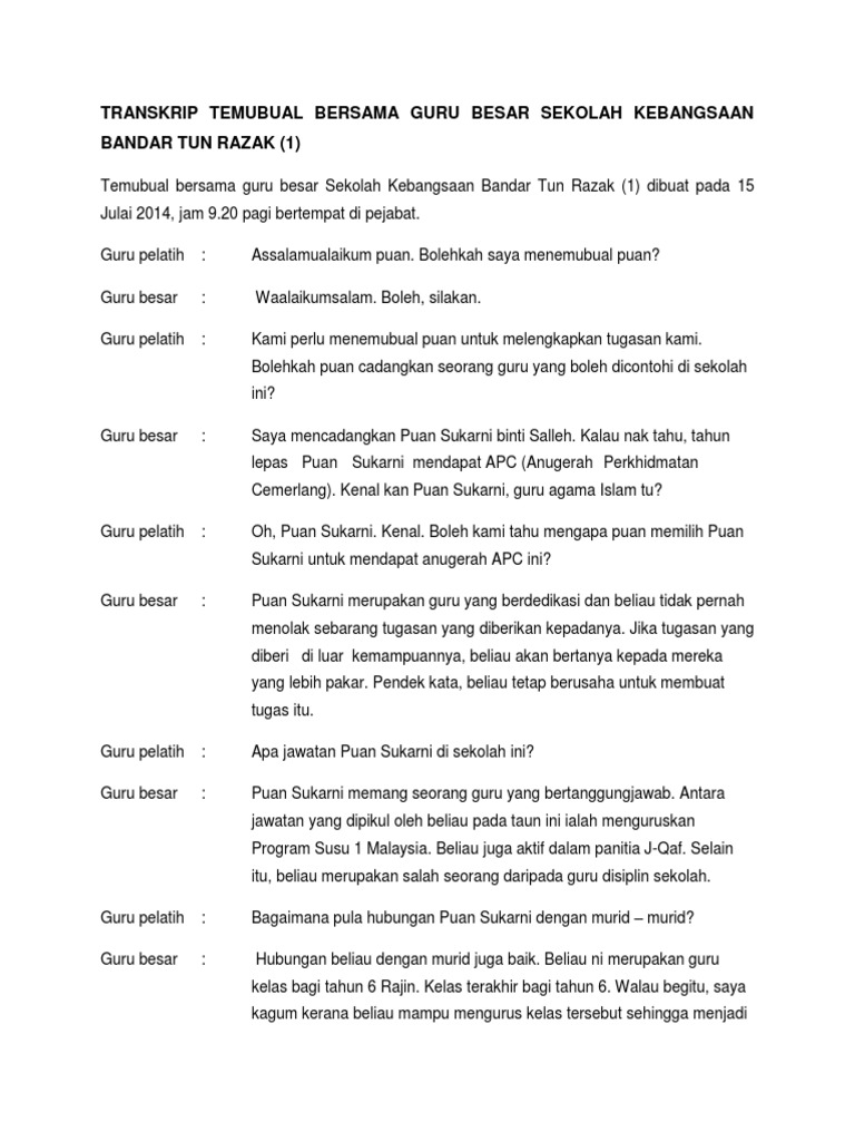 Transkrip Temubual Bersama Guru Besar Sekolah Kebangsaan Bandar Tun ...