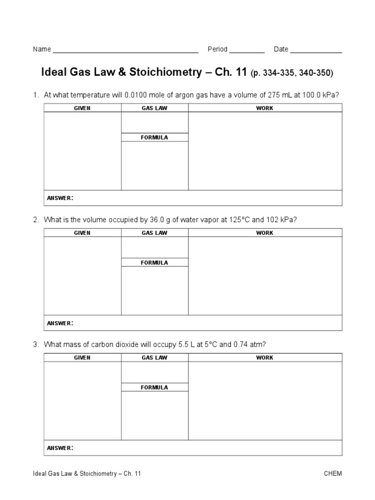 Worksheet Ideal Gas Law and Stoichiometry | PDF | Science & Mathematics ...