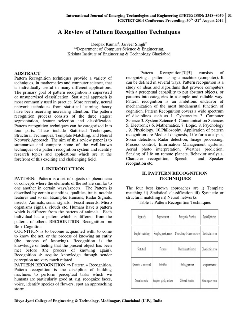 A Review of Pattern Recognition Techniques | PDF | Pattern Recognition ...