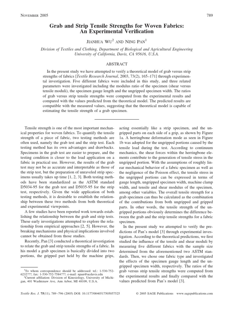 Grab and Strip Tensile Strengths For Woven Fabrics | PDF | Strength Of ...