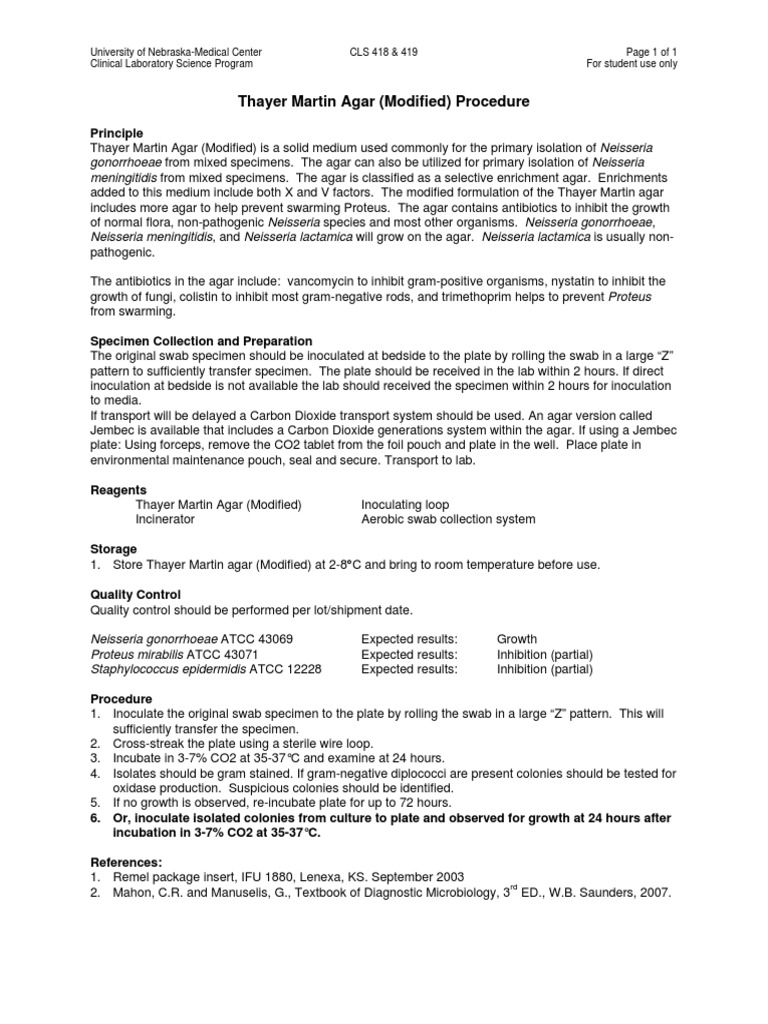 Thayer Martin Agar Procedure Guide | PDF | Gram Negative Bacteria ...