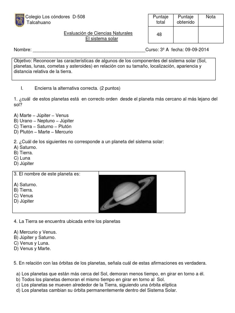 Prueba Sistema Solar | PDF