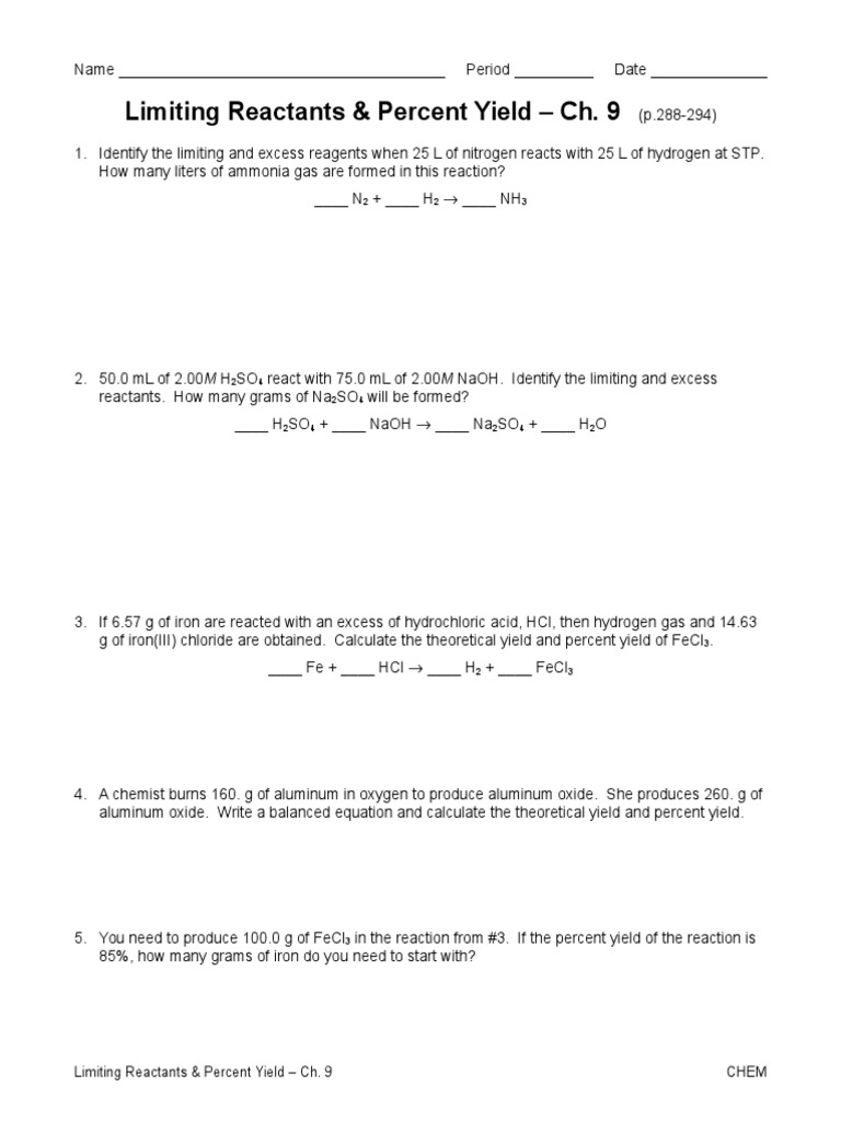 Limiting Reactants & Percent Yield Guide | PDF | Hydrochloric Acid ...