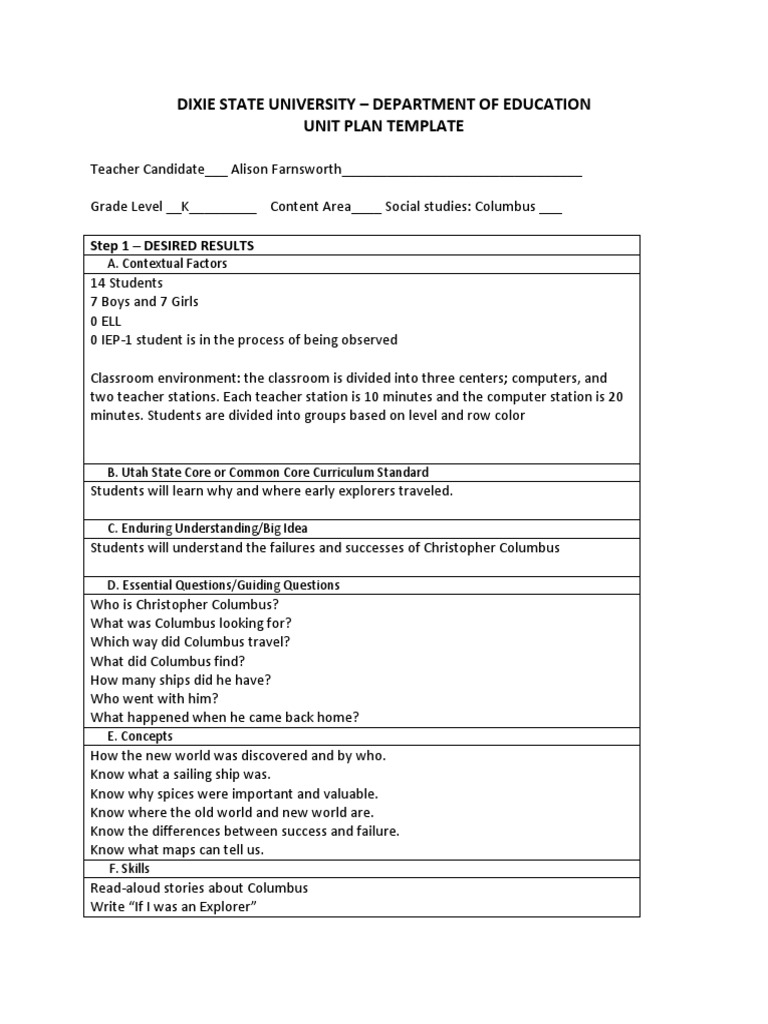 Tws Unit Plan | PDF | Christopher Columbus | Educational Assessment