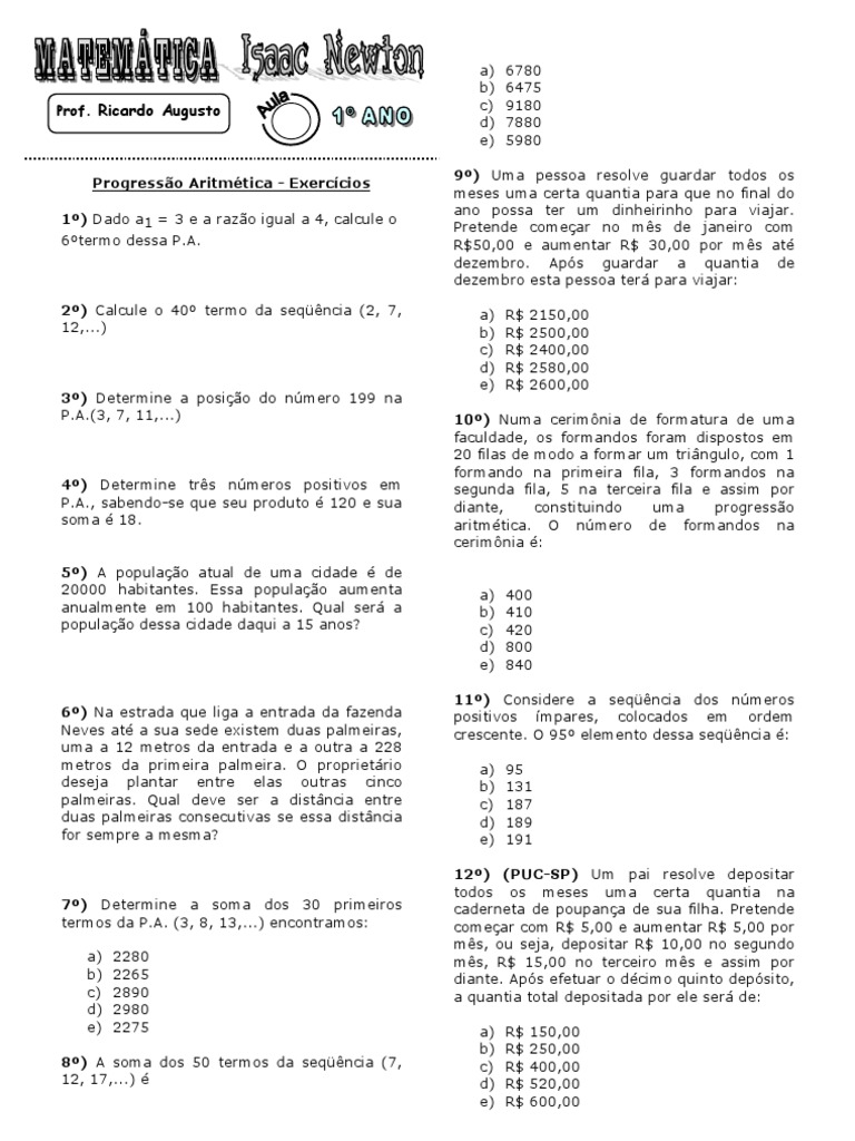 Progressão Aritmetica Exercícios_01 | Sequência | Triângulo