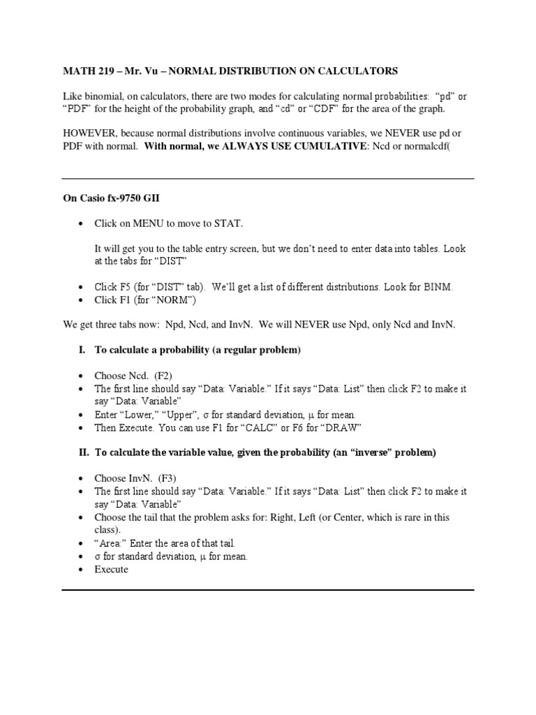 MATH 219 Calculators Normal | PDF | Normal Distribution | Standard ...