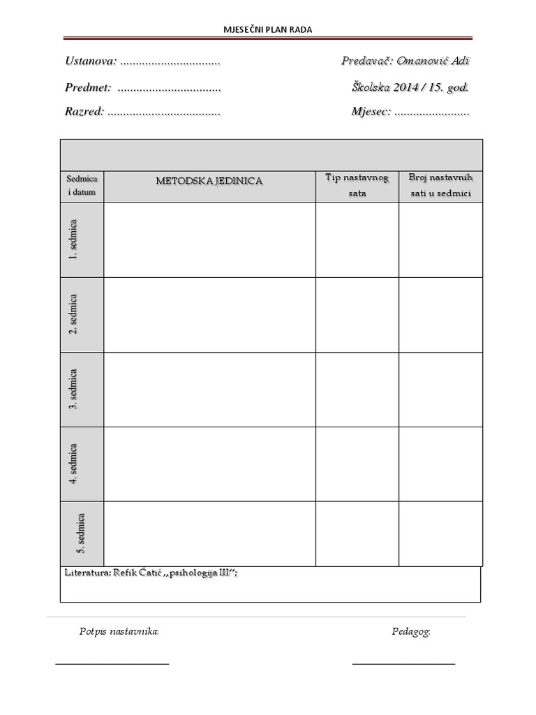 Mjesečni Plan Rada - Obrazac | PDF