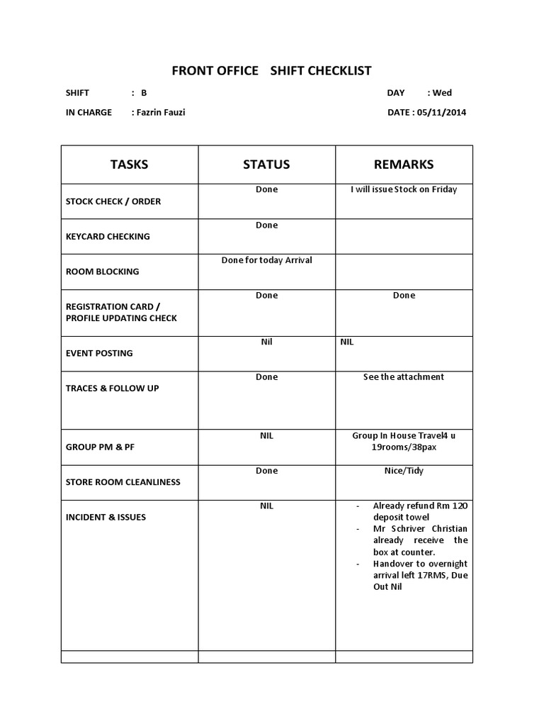 Front Office Shift Checklist | PDF