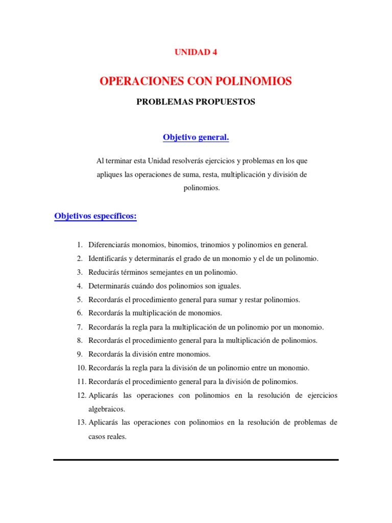 Operaciones Con Polinomios Ejercicios Propuestos | PDF | Polinomio | Ciencia computacional