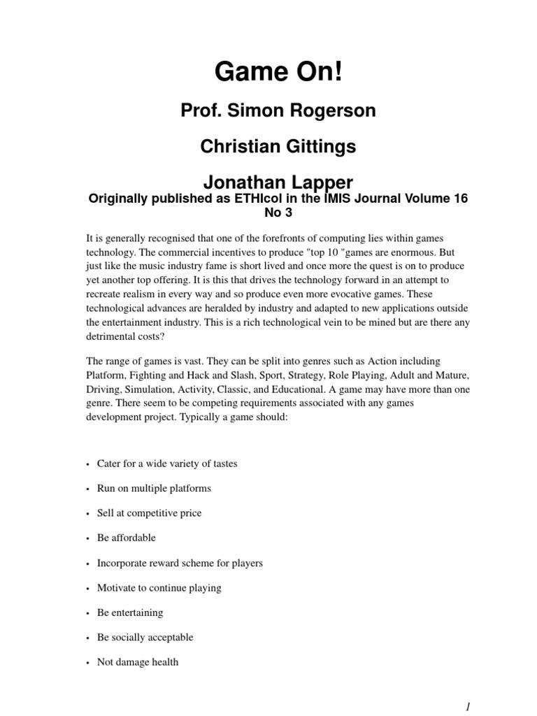 Game On!: Prof. Simon Rogerson Christian Gittings Jonathan Lapper | PDF ...