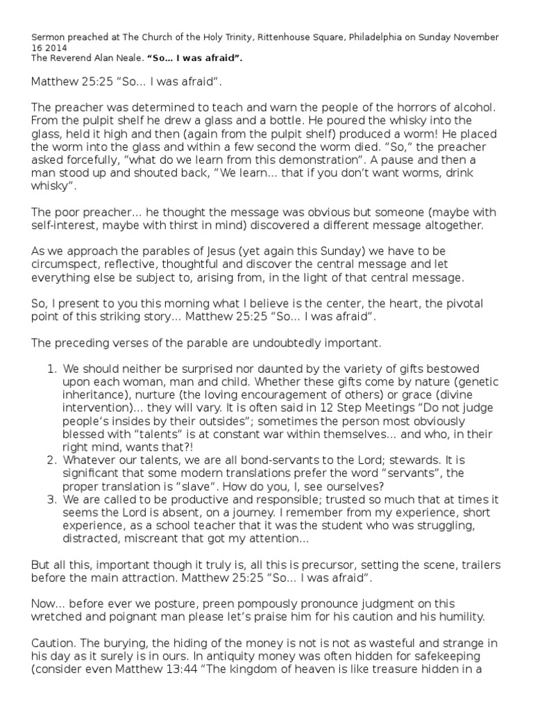"So... I Was Afraid". The Reverend Alan Neale. Sunday November 16 2014 ...