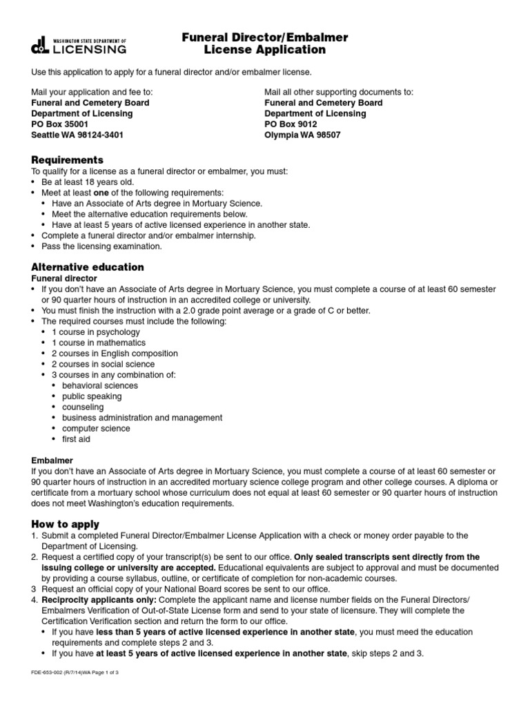 Funeral Director/ Embalmer License Application: Requirements | PDF ...