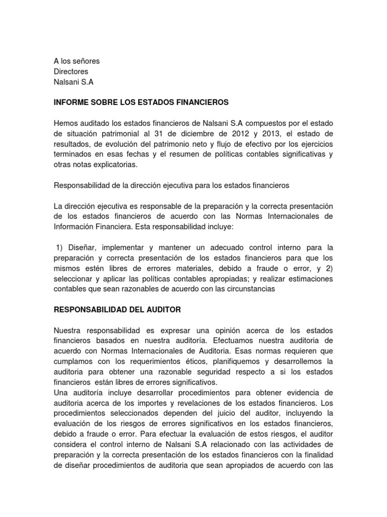Informe de Auditoria | PDF | Contralor | Auditoría financiera