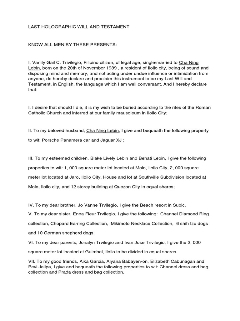 Holographic Will Sample from the Philippines | PDF | Religion ...
