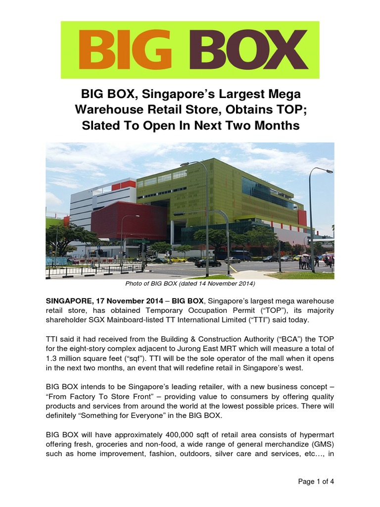 BIG BOX, Singapore's Largest Mega Warehouse Retail Store, Obtains TOP ...