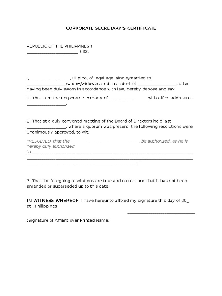 Corporate Secretary's Certificate Template | PDF