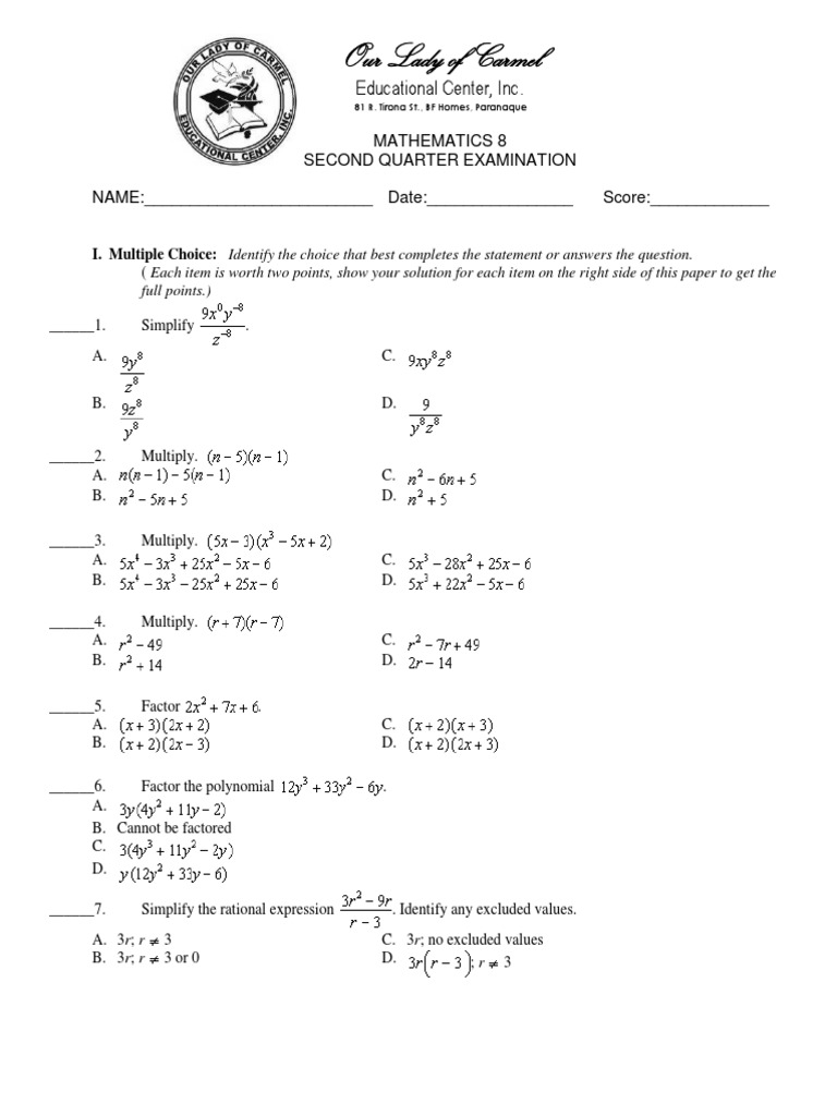 2nd Quarter Exam Math 8 | Fraction (Mathematics) | Factorization