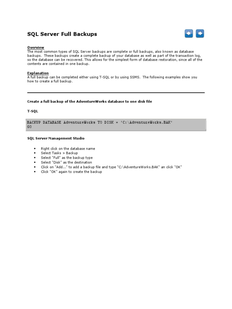 SQL Server Full Backups: Backup Database Adventureworks To Disk 'C ...