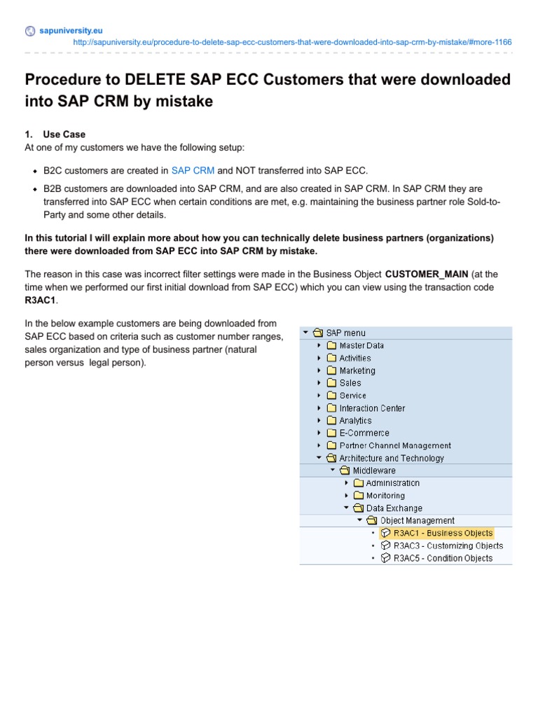 Procedure To Delete Sap Ecc Customers That Were Downloaded Into Sap Crm By Mistake Pdf