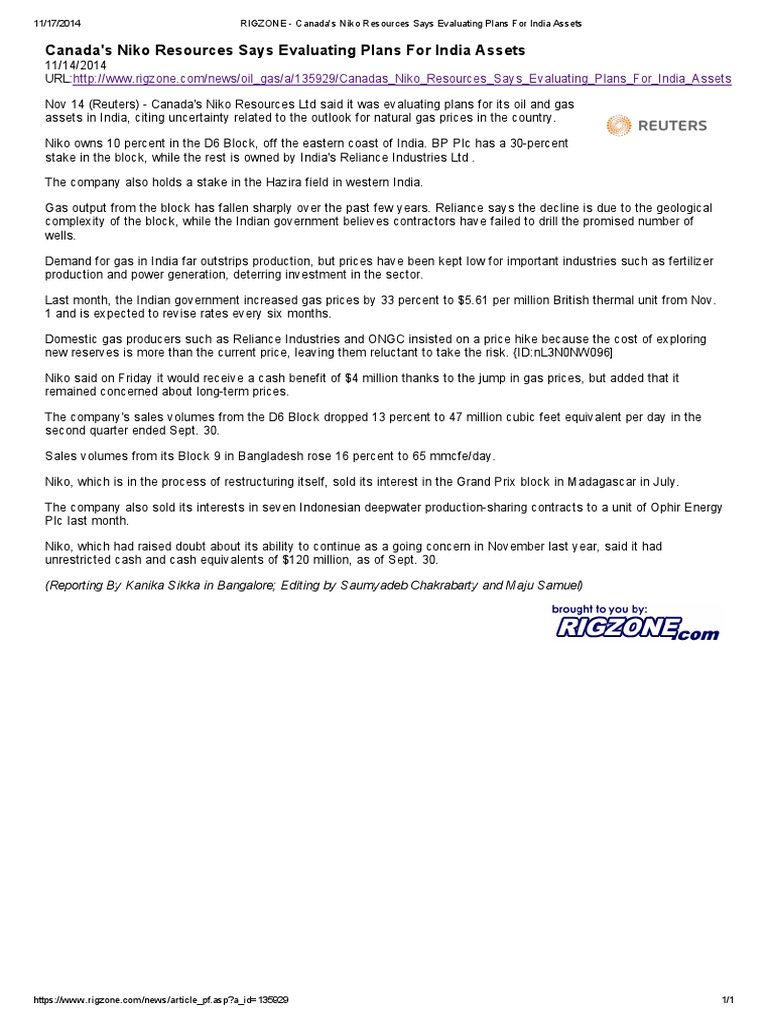 RIGZONE - Canada's Niko Resources Says Evaluating Plans For India ...