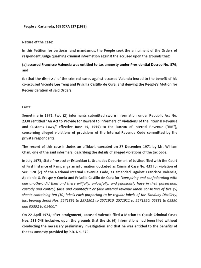 TAXATION 1-People v. Castaneda, 165 SCRA 327 (1988) | PDF | Laches ...