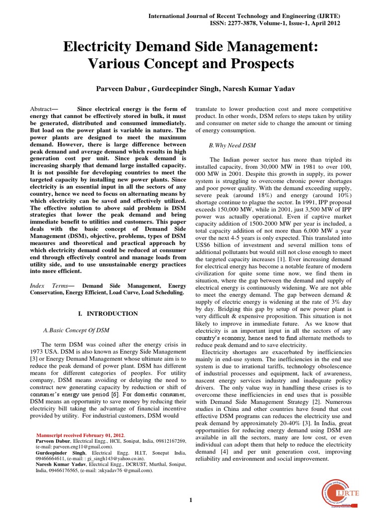 Electricity Demand Side Management: Various Concept and Prospects ...