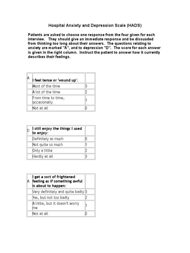 Hospital Anxiety and Depression Scale (HADS) | PDF