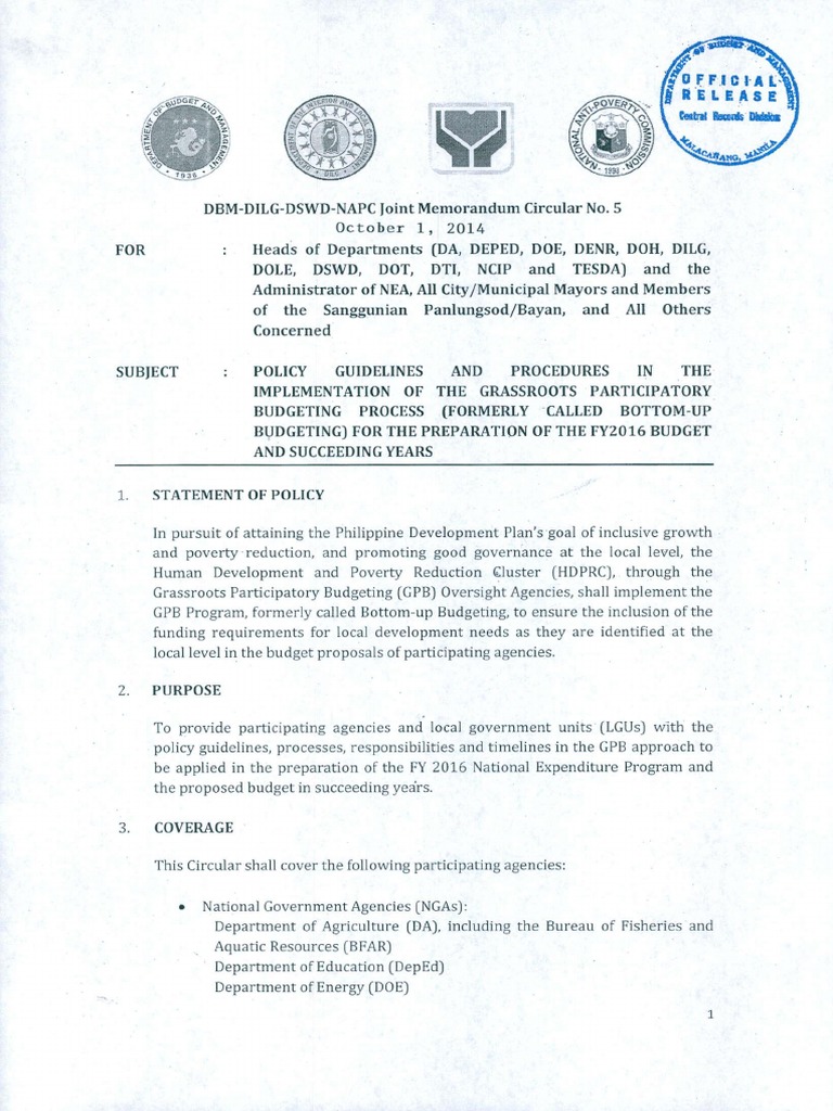 DBM-DILG-DSWD-NAPC Joint Memorandum Circular No. 5 Dated October 1 ...
