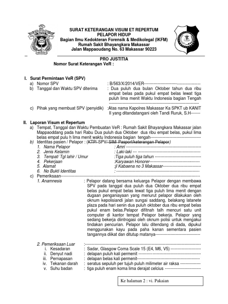 Contoh Visum Luka Memar Pelapor | PDF